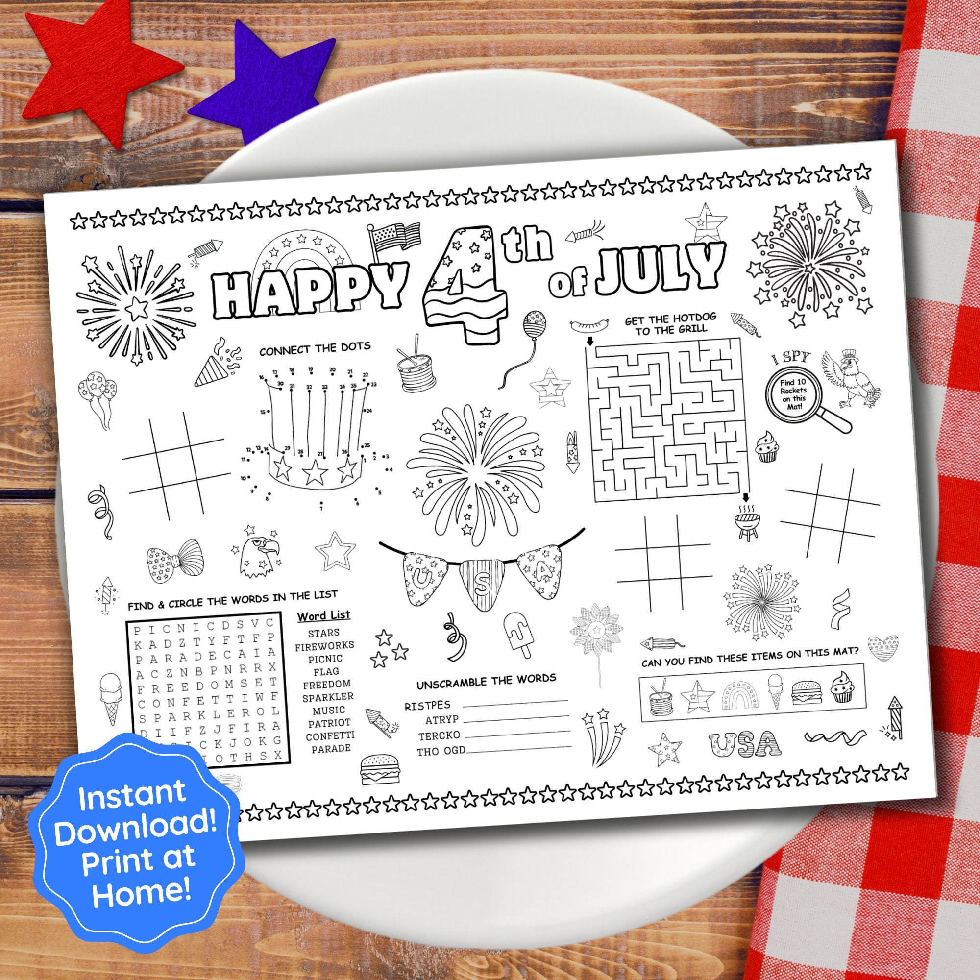 4th of July Kids Activity Sheet, 4th of July Kids Coloring Placemat ...