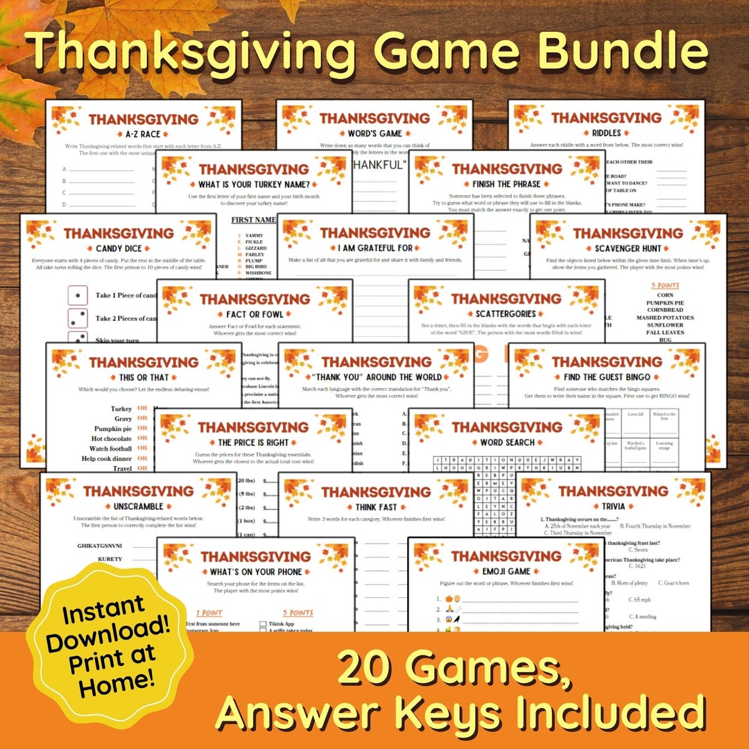 Thanksgiving Games Bundle Printable, Thanksgiving Trivia Games, Family ...