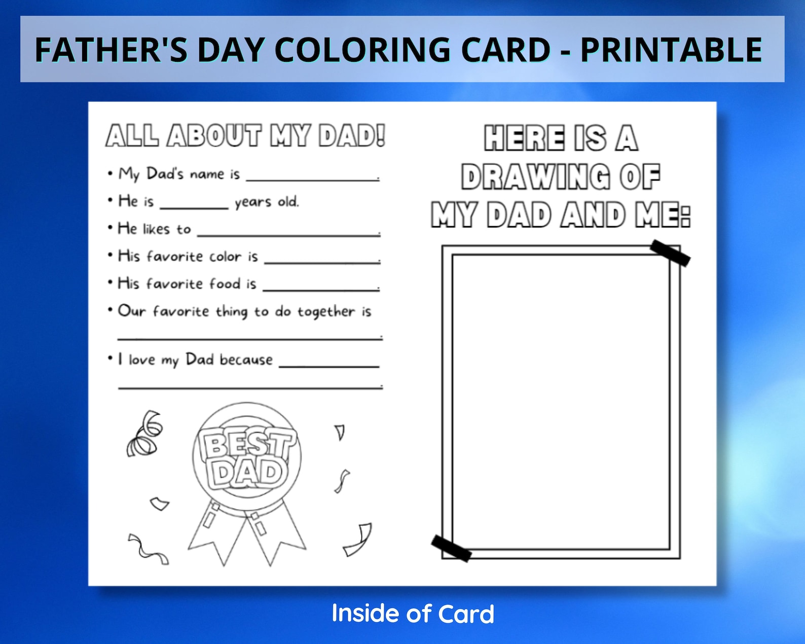 Fathers Day Coloring Card, All About My Dad, Color Your Own Card, Gift ...