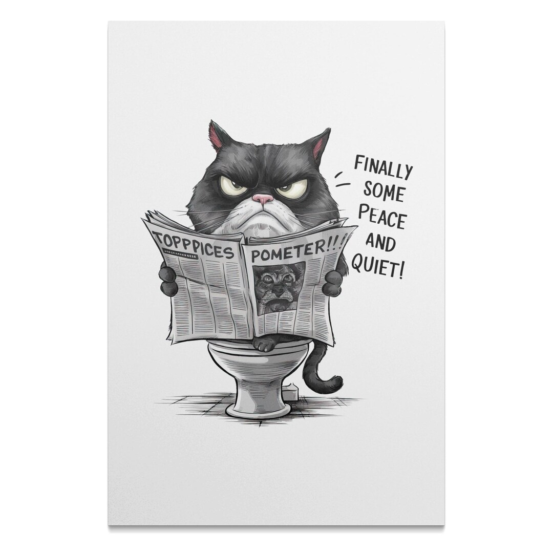 Funny Cat Toilet Reading Poster, Bathroom Humor Art, Wall Decor, Grumpy ...