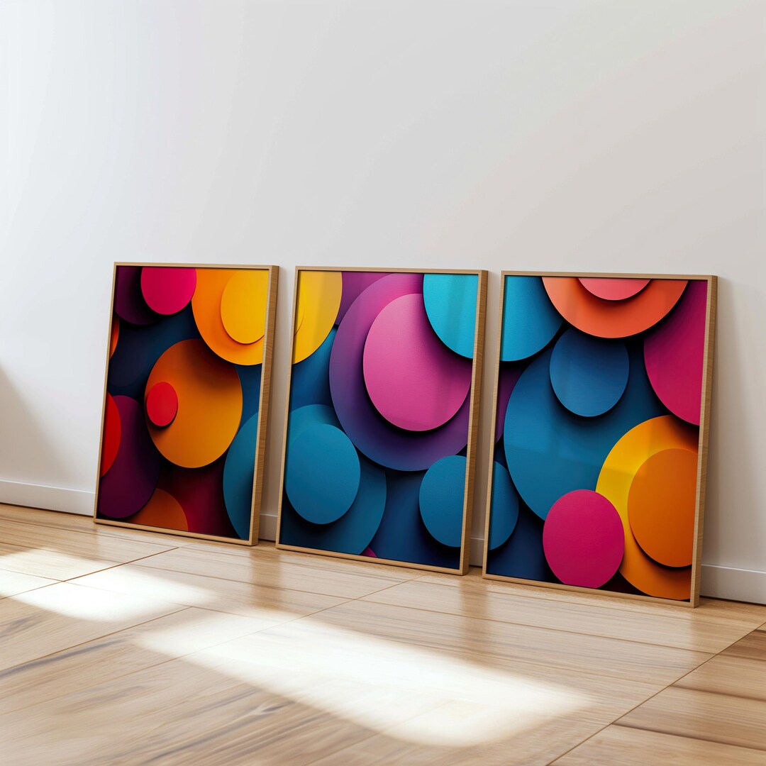 Abstract Circles Triptych Wall Art Set of 3 Colorful Geometric Prints ...