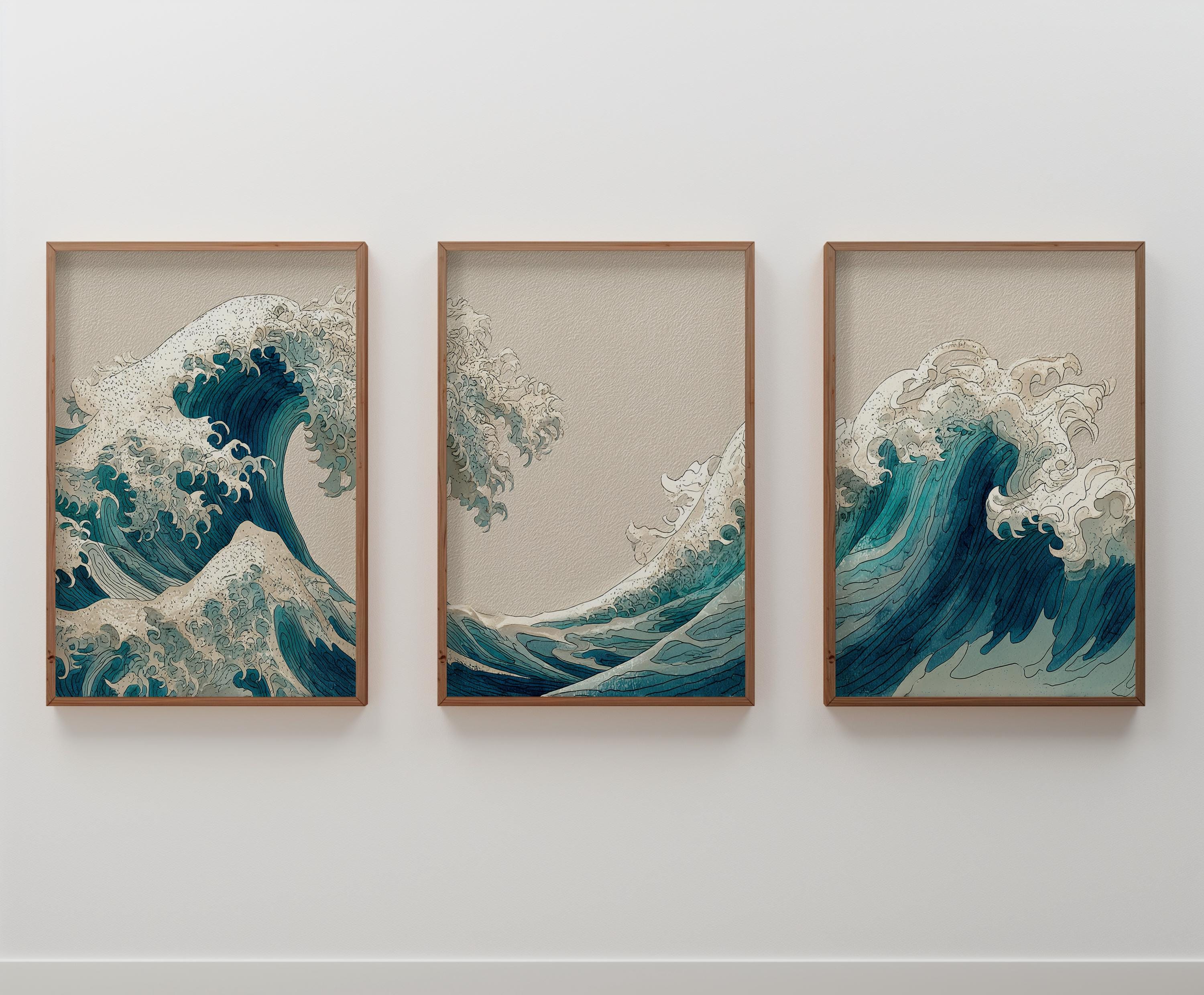 Japanese Wave Triptych Printable Wall Art Set Digital Ocean Waves Decor ...