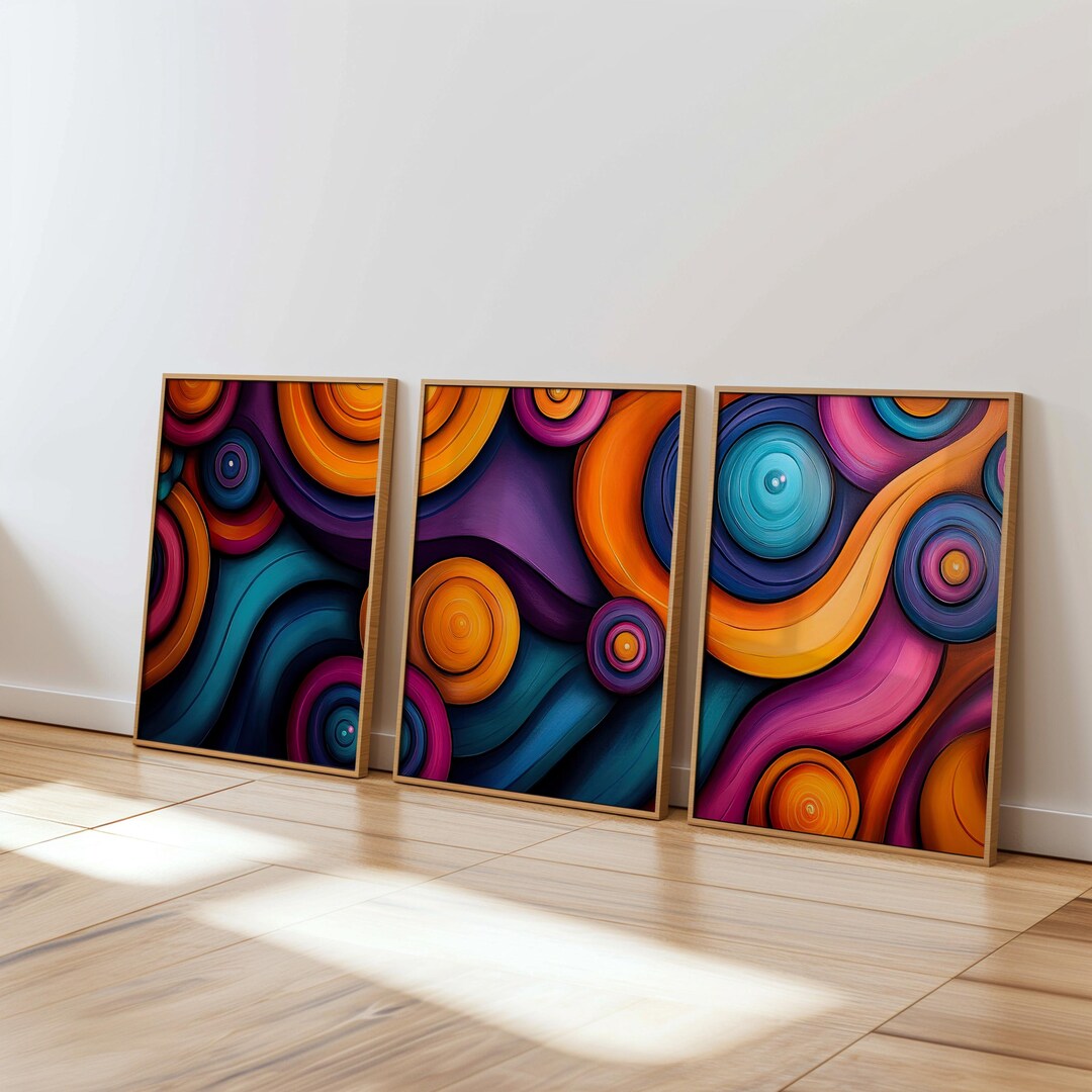 Abstract Triptych Wall Art Set of 3 Digital Prints Vibrant Modern Swirl ...