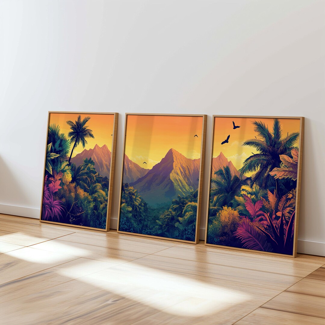 Tropical Triptych Wall Art Printable Set, Sunset Palm Landscape Digital ...