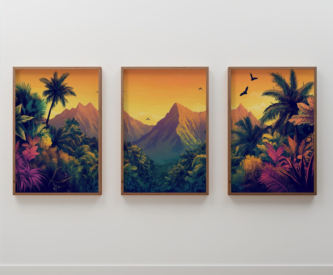 Tropical Triptych Wall Art Printable Set, Sunset Palm Landscape Digital ...