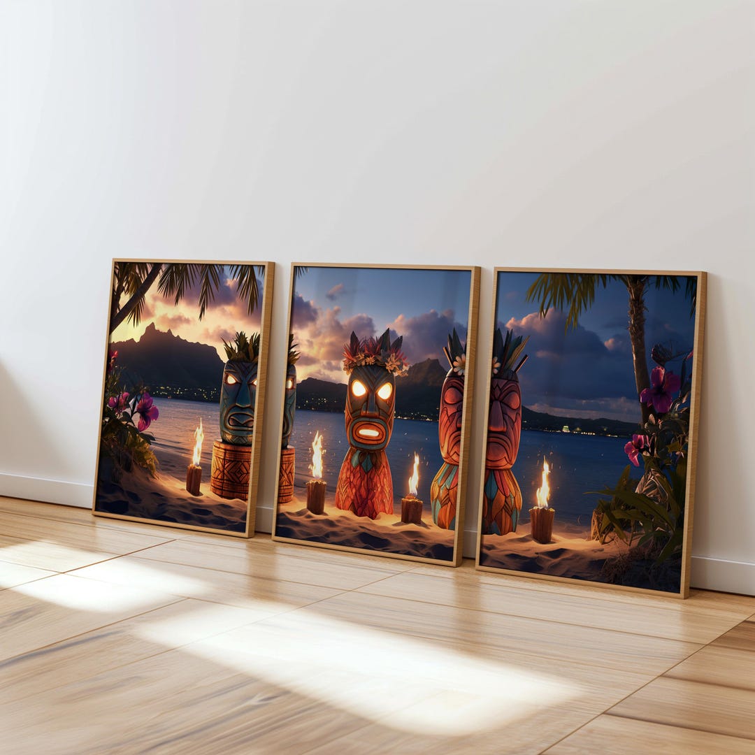 Tropical Tiki Glow Triptych Wall Art Printable, Beach Sunset Digital Download, Tiki Decor ...