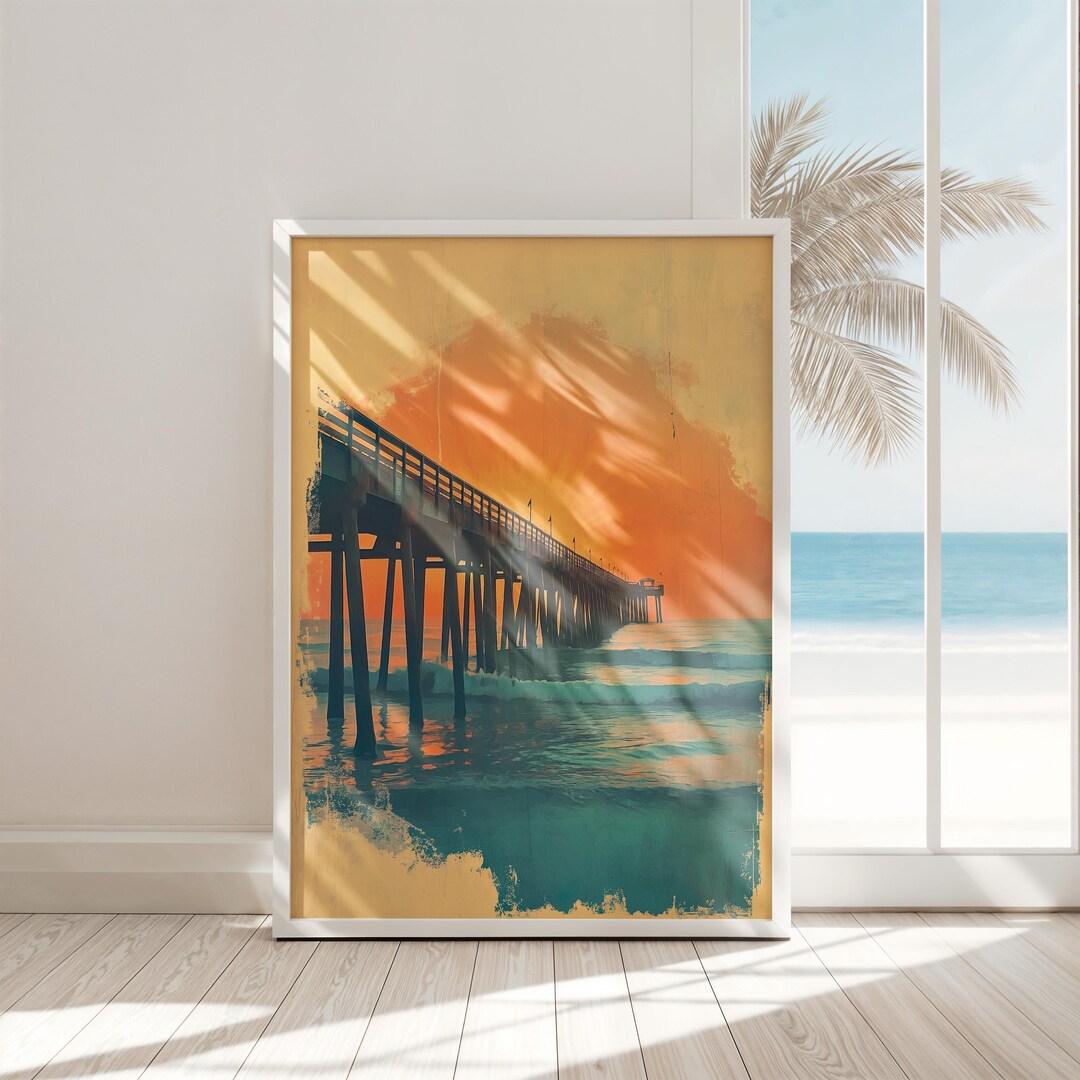Retro Beach Wall Art Digital Download Vintage Coastal Pier Print Ocean ...