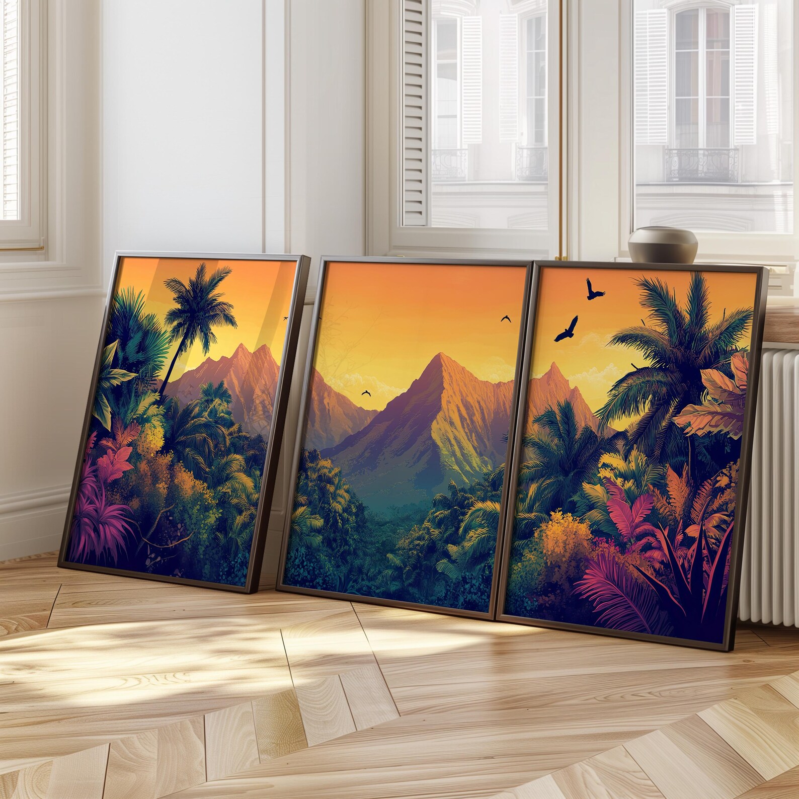 Tropical Triptych Wall Art Printable Set, Sunset Palm Landscape Digital ...