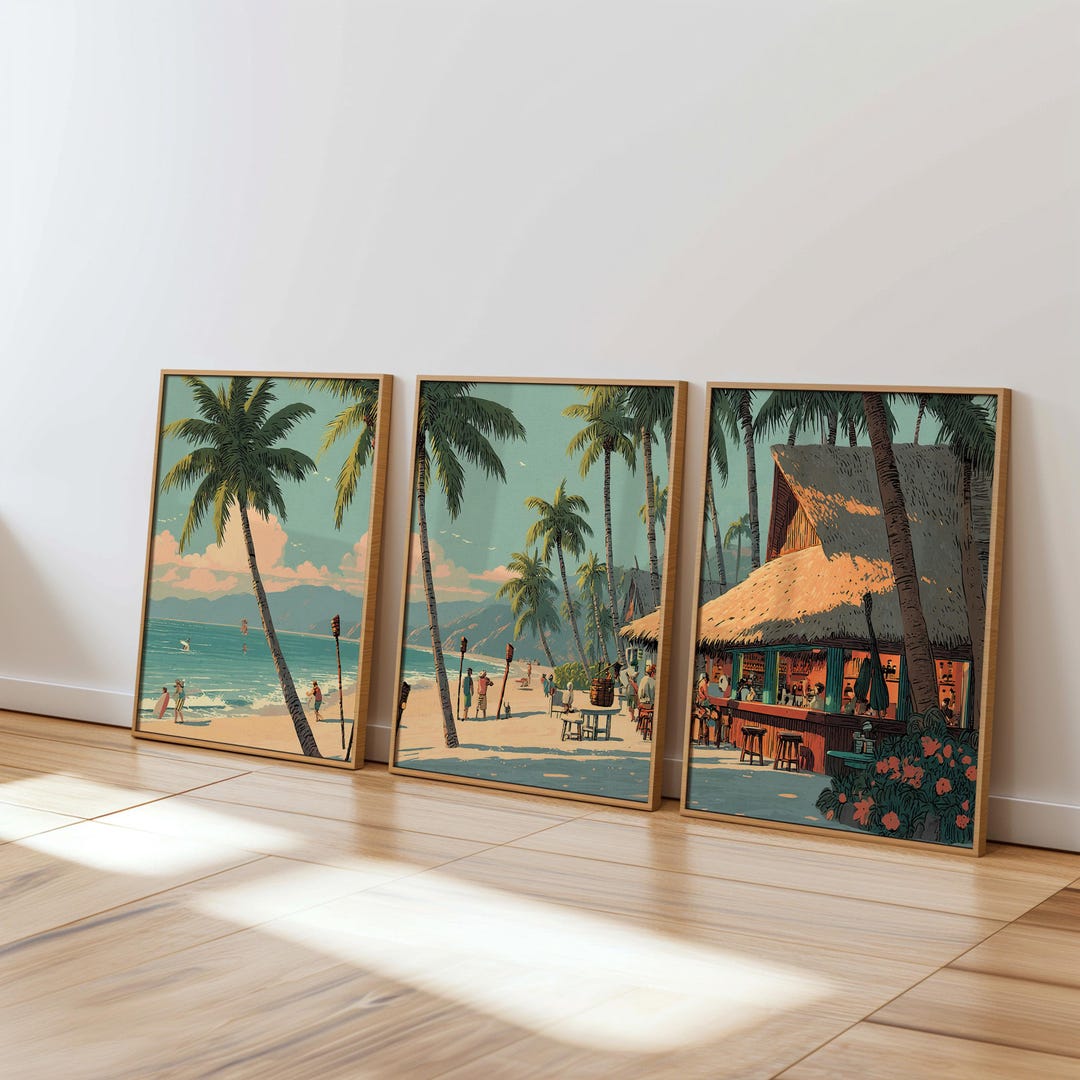 Tropical Triptych Wall Art Set of 3, Digital Beach Decor Printable ...