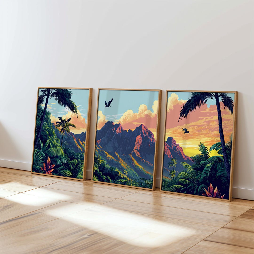 Tropical Triptych Wall Art Digital Download | Jungle Mountains Sunset ...