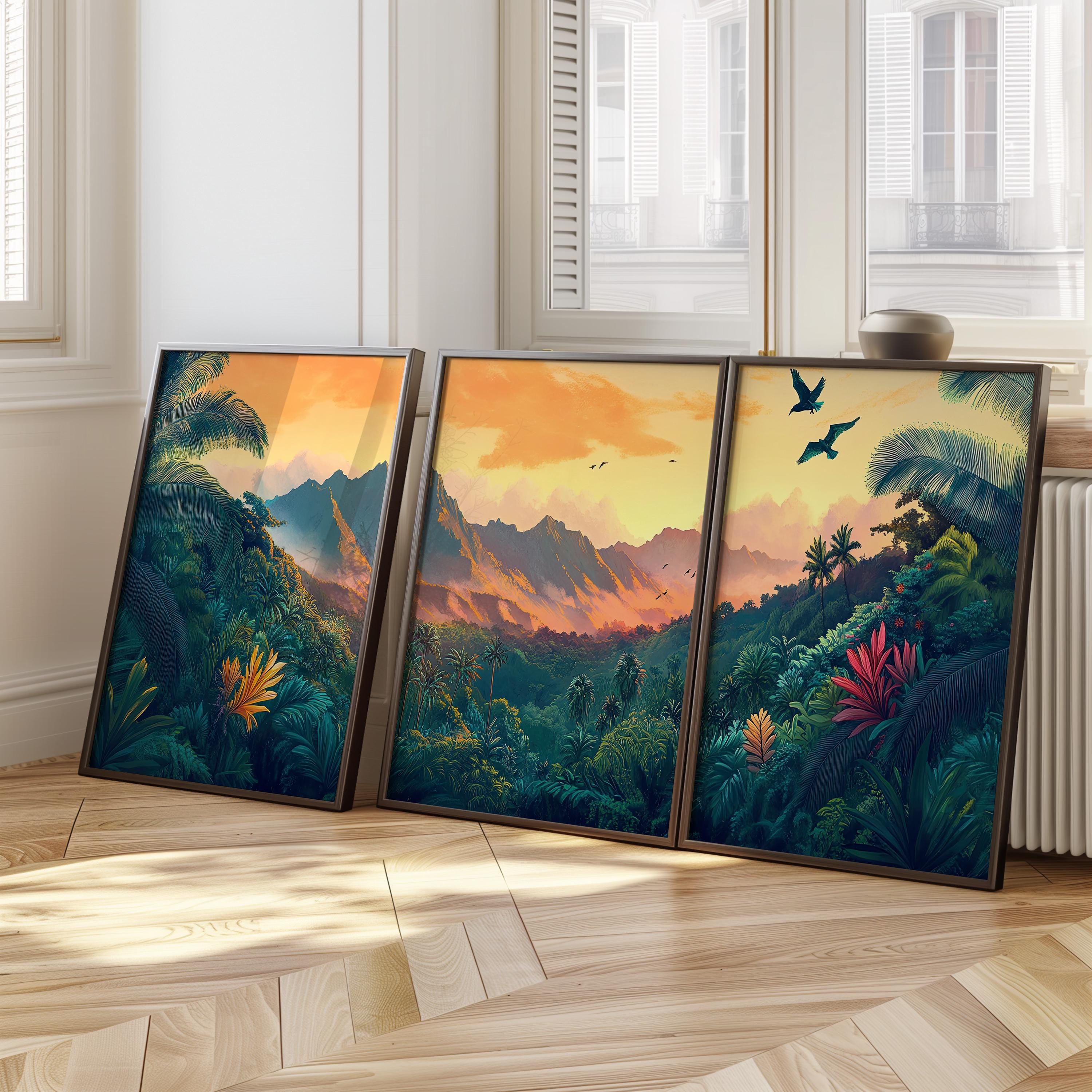 Jungle Wall Art Printable Set, Tropical Sunrise Triptych, Digital ...