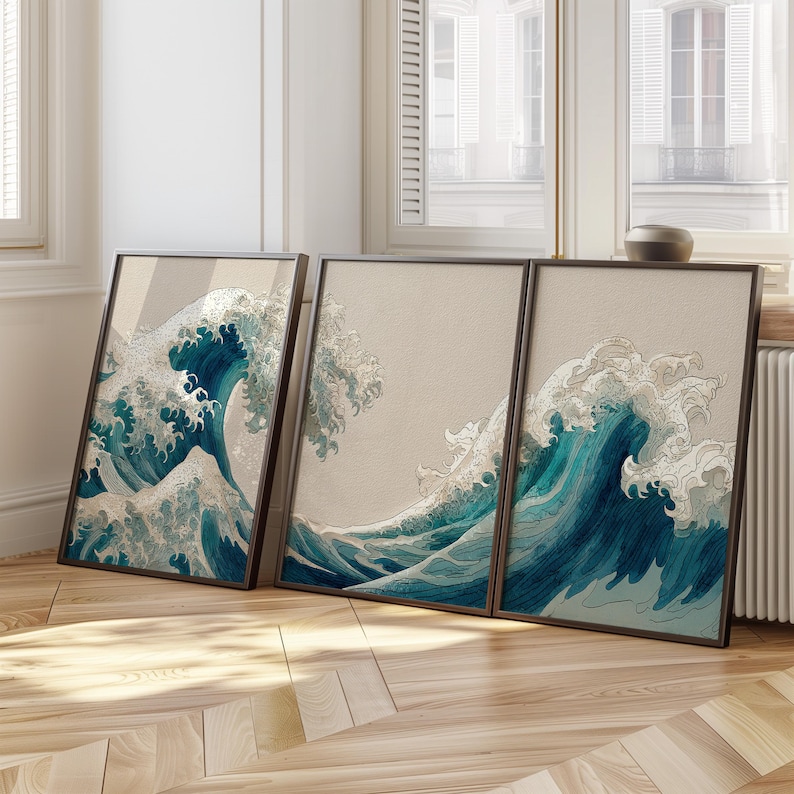 Japanese Wave Triptych Printable Wall Art Set Digital Ocean Waves Decor ...