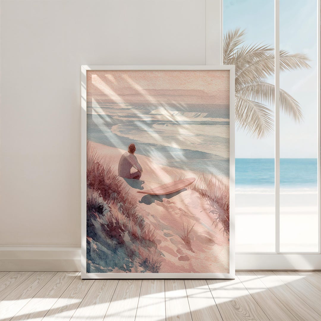 Watercolor Surfer Beach Scene Print, Coastal Digital Download Wall Art ...