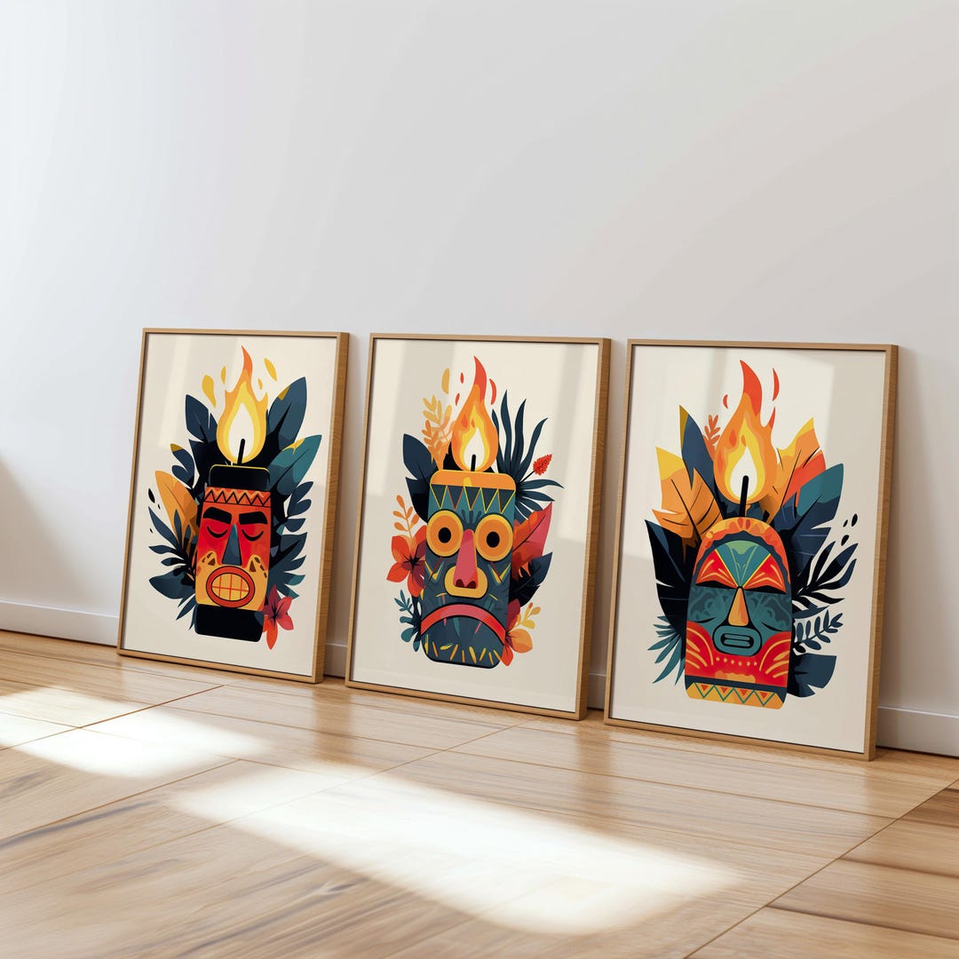 Tiki Wall Art Set of 3 Tropical Triptych Printable, Digital Tiki Mask ...
