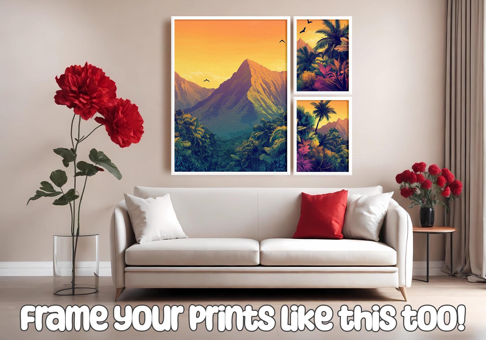 Tropical Triptych Wall Art Printable Set, Sunset Palm Landscape Digital ...