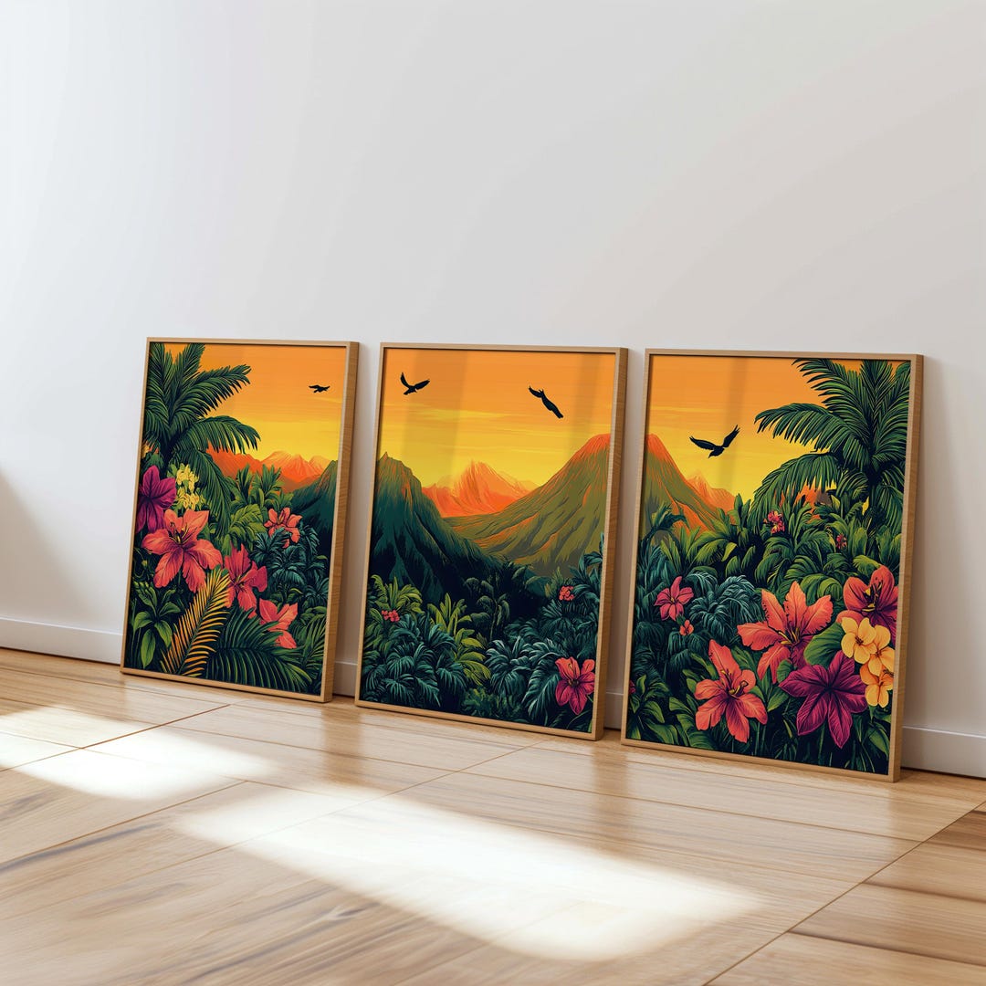 Tropical Sunset Triptych Wall Art Printable Set of 3, Vibrant Digital ...