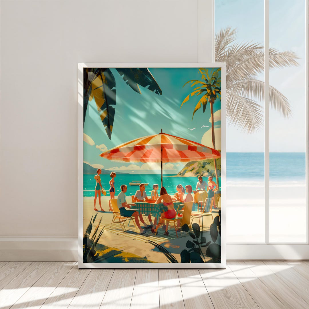 Retro Beach Wall Art Digital Print Coastal Decor Palm Tree Summer Scene ...