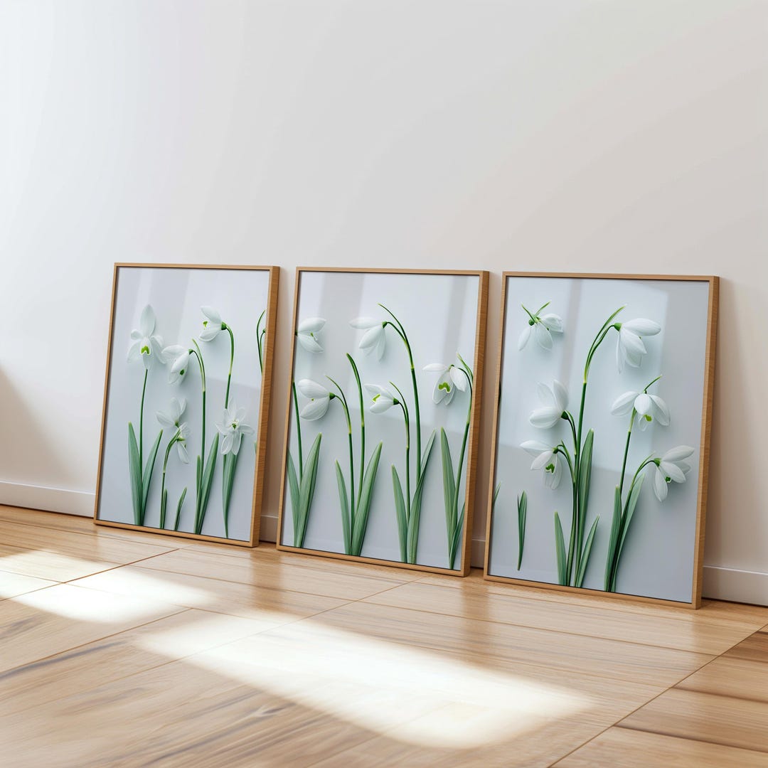 Printable Snowdrop Triptych Wall Art Set Minimalist Botanical Floral ...