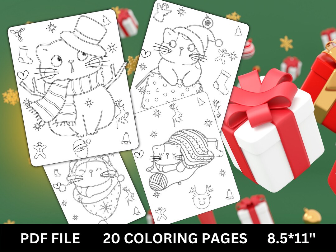 Cat Christmas Coloring Book, Christmas Activity, 20 Printable Pages for ...