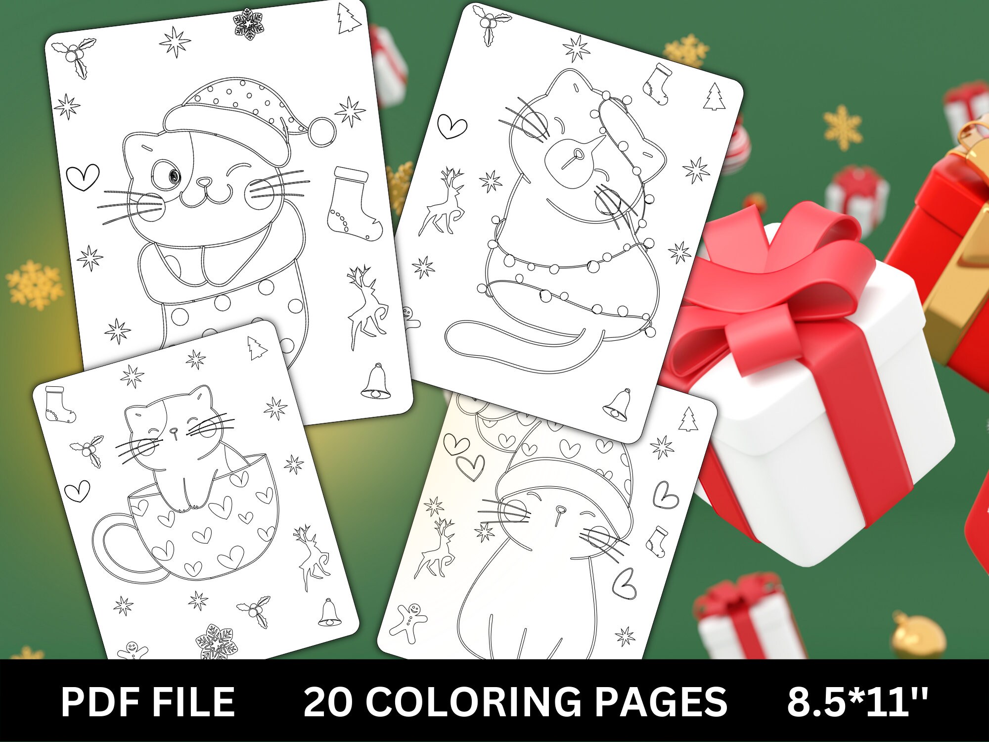Cat Christmas Coloring Book, Christmas Activity, 20 Printable Pages for ...