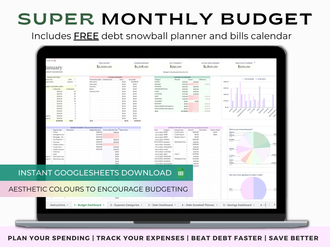 Super Monthly Budget Spreadsheet Template for Google Sheets, Financial ...