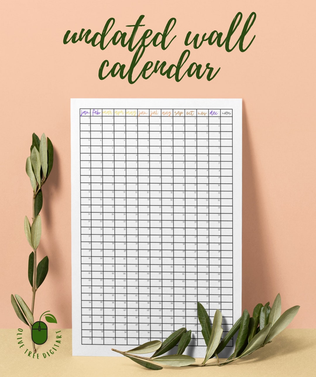 Undated Wall Calendar, Annual Planner, Perpetual/forever, Digital PDF ...