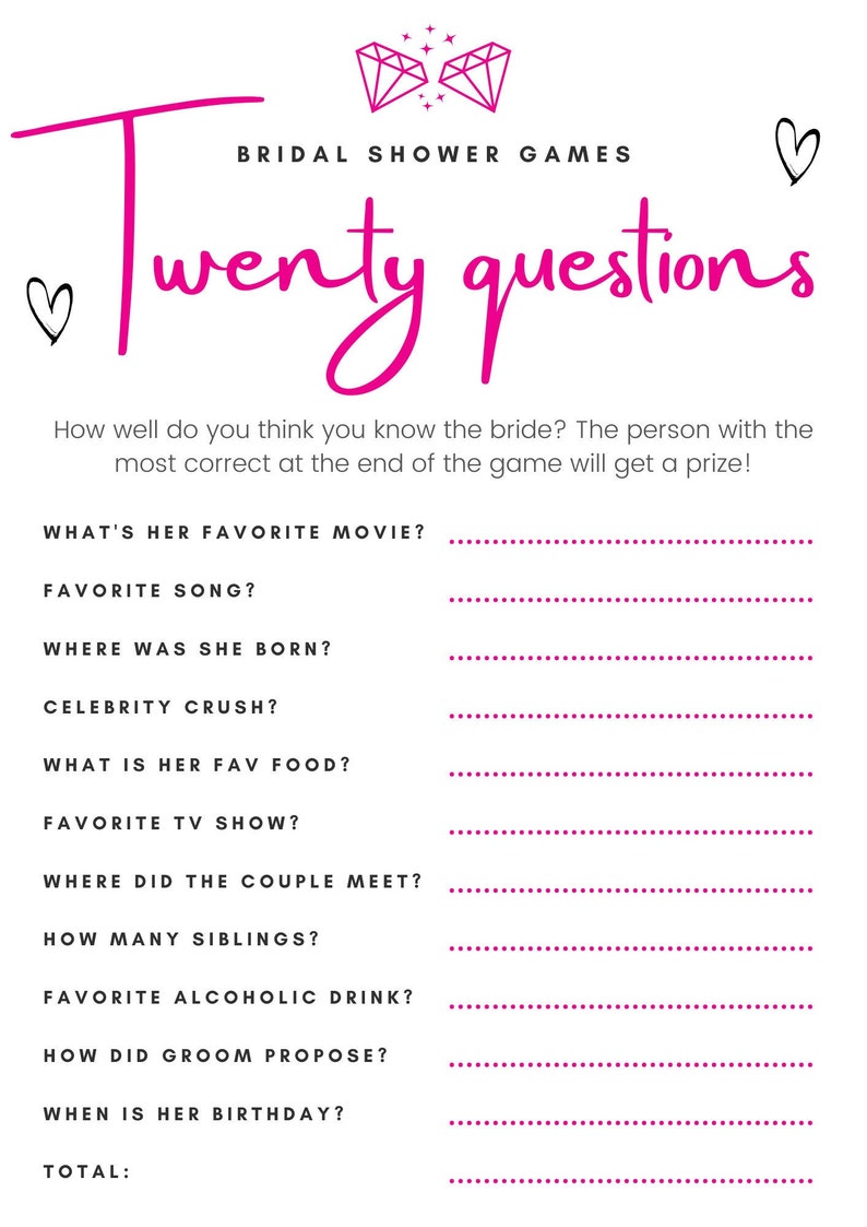 Twenty Questions Bridal Shower Game**digital DOWNLOAD** - Etsy
