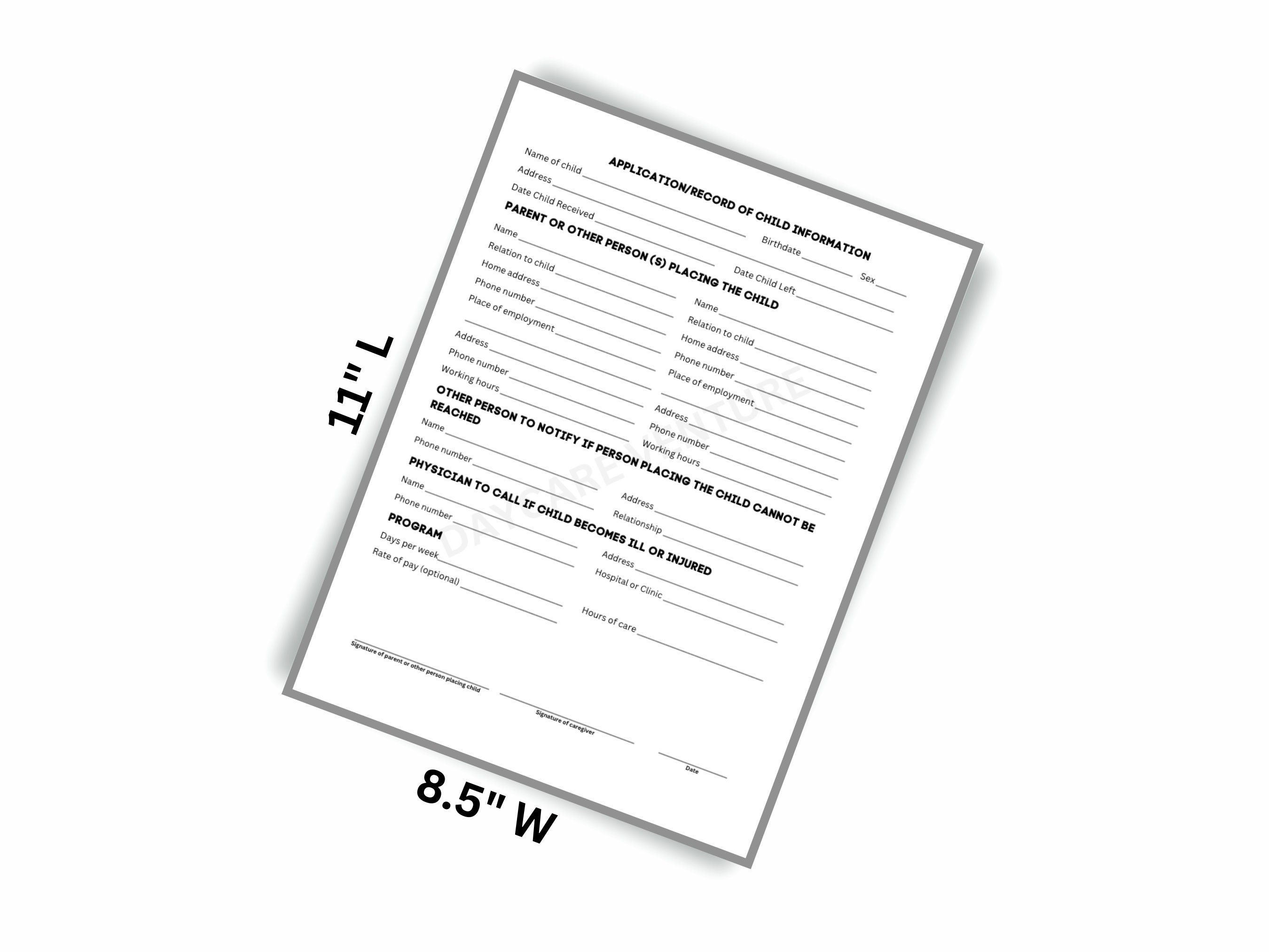 DAYCARE ENROLLMENT FORMS/ Childcare Center Printable Daycare Contract ...