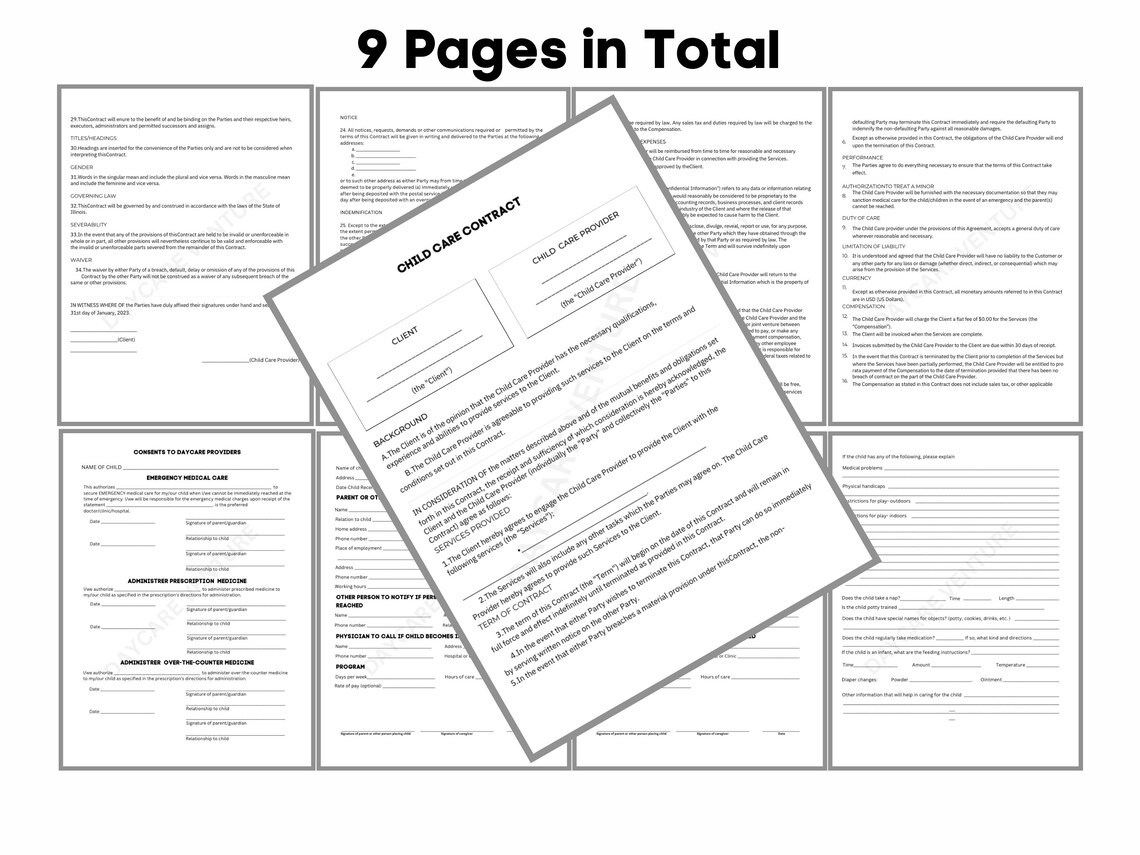 DAYCARE ENROLLMENT FORMS/ Childcare Center Printable Daycare Contract ...