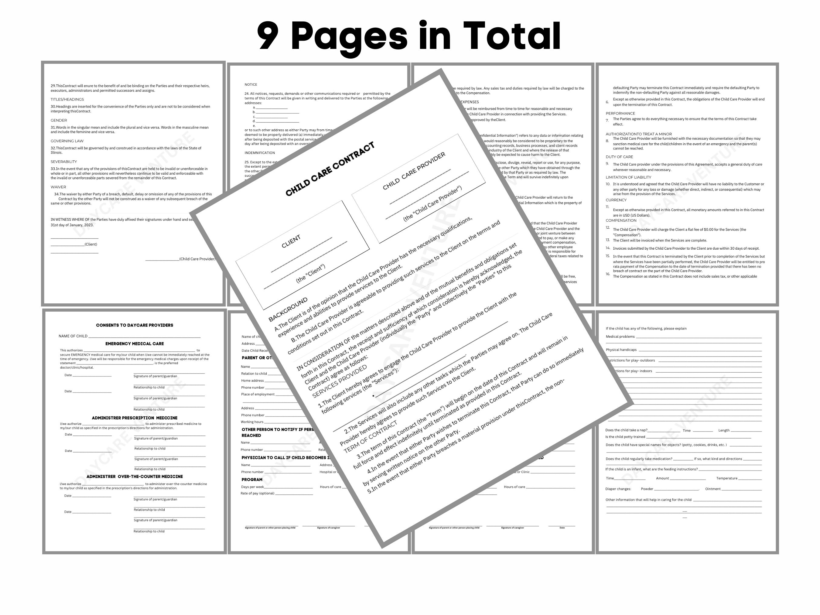 DAYCARE ENROLLMENT FORMS/ Childcare Center Printable Daycare Contract ...