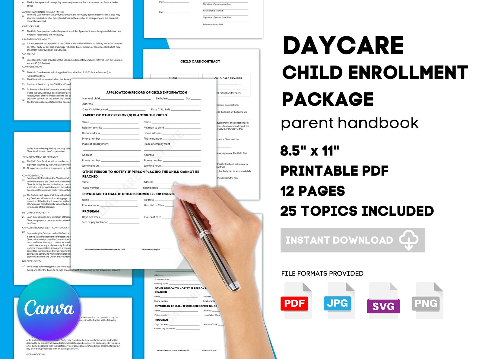 DAYCARE ENROLLMENT FORMS/ Childcare Center Printable Daycare Contract ...