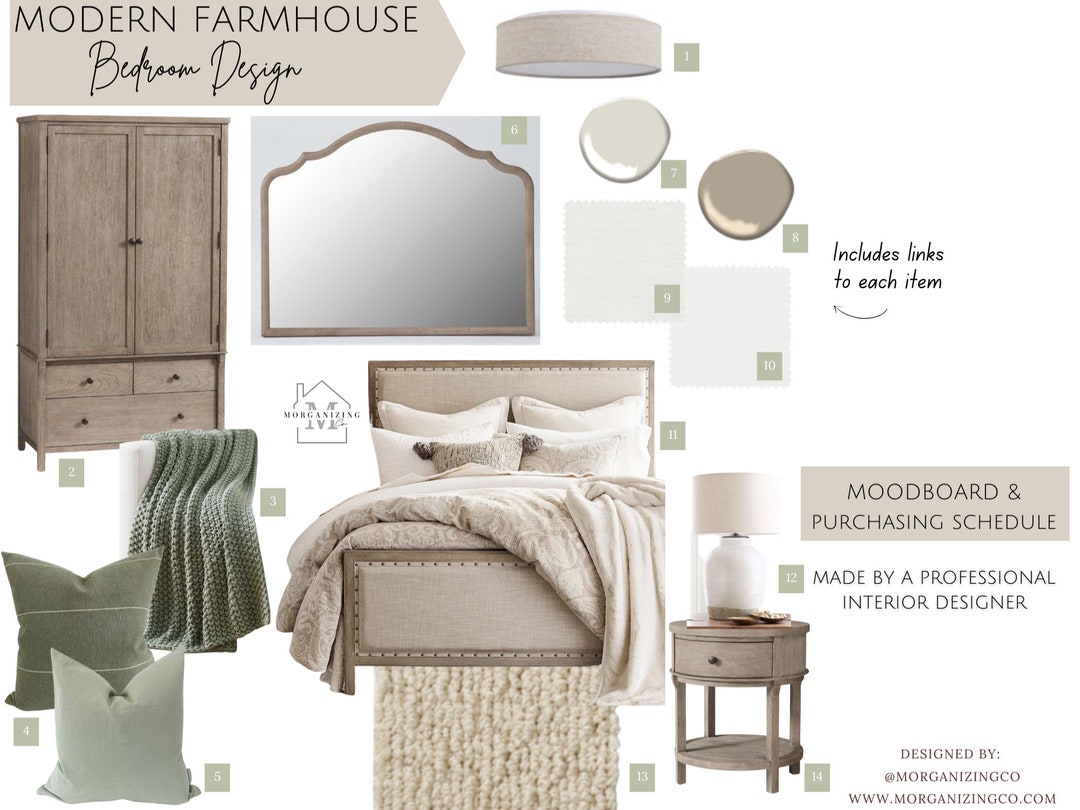 Modern Farmhouse Bedroom Design, Mood Board Template, Mood Board Design ...