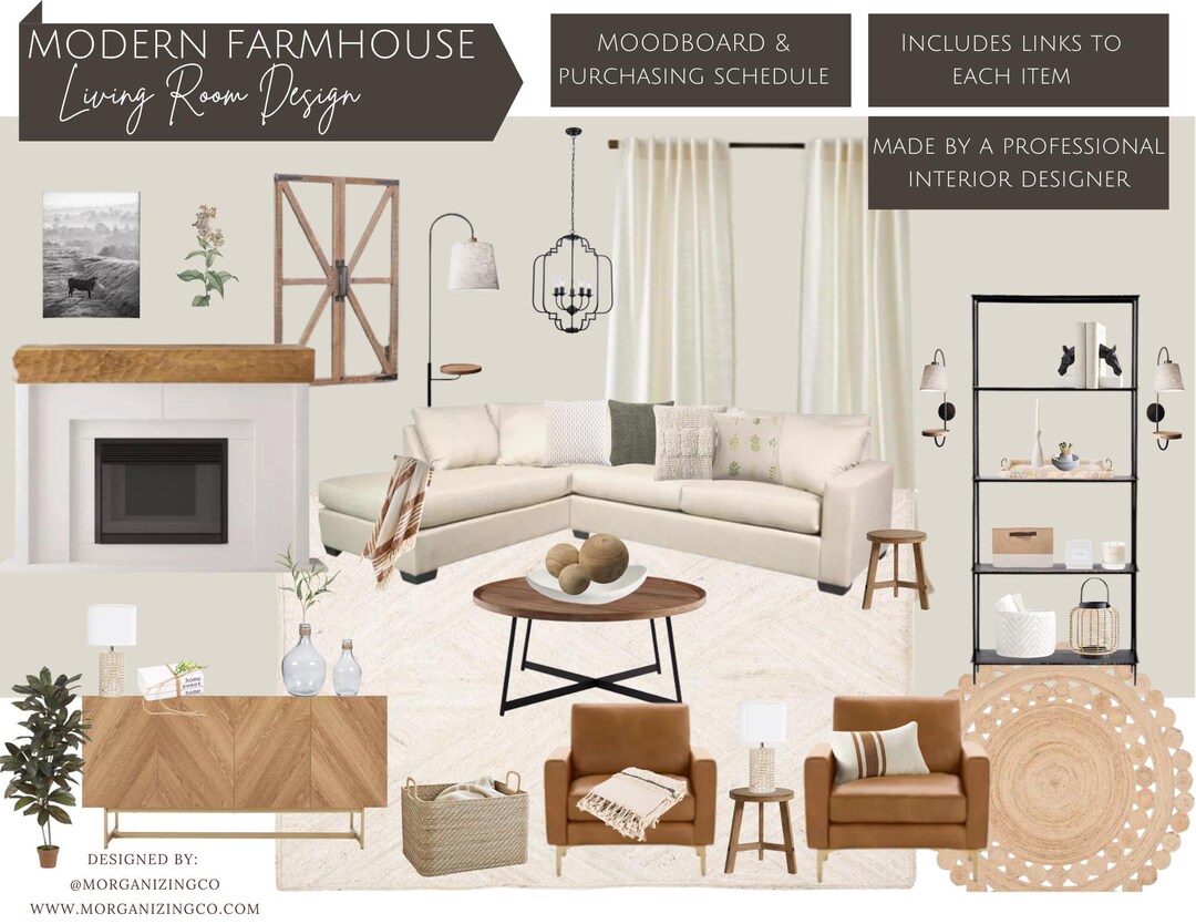 Modern Farmhouse Living Room Design, Mood Board Template, Mood Board ...