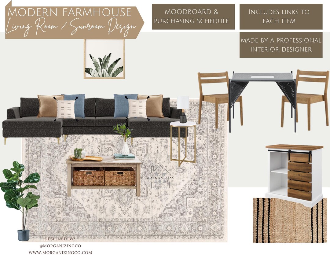 Modern Farmhouse Living Room and Sunroom Design, Mood Board Template ...