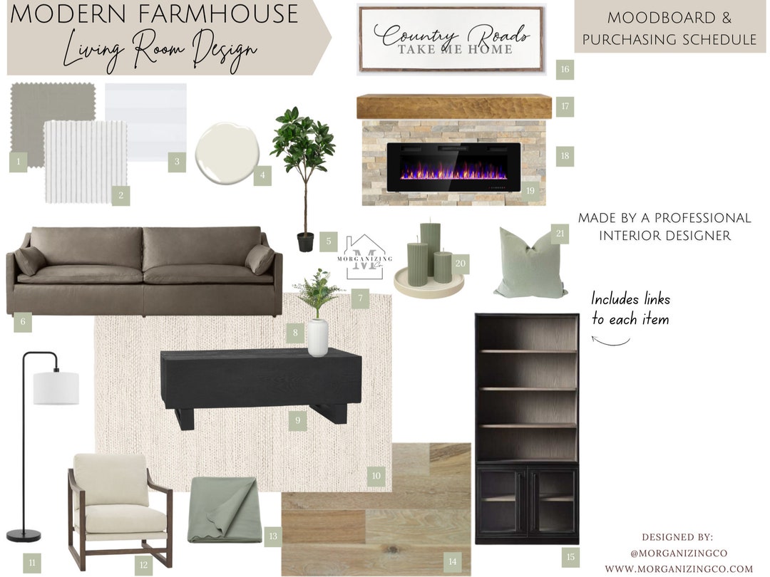 Modern Farmhouse Living Room Design, Mood Board Template, Mood Board ...
