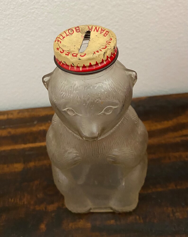 Antique 7 Tall Clear Glass Bear Bank Bottle by Snow Crest Beverages ...