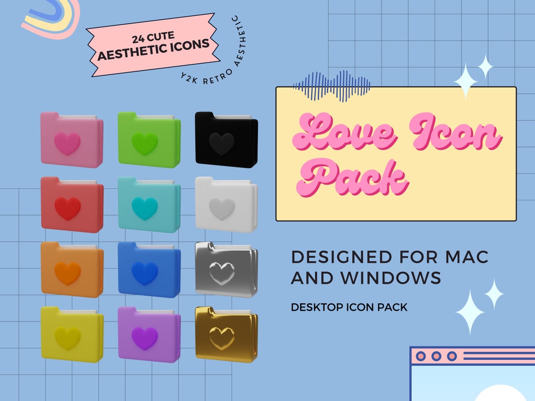 Love Icon Pack, Cute Desktop Icons, Retro Heart 3D Folder Icons Set ...