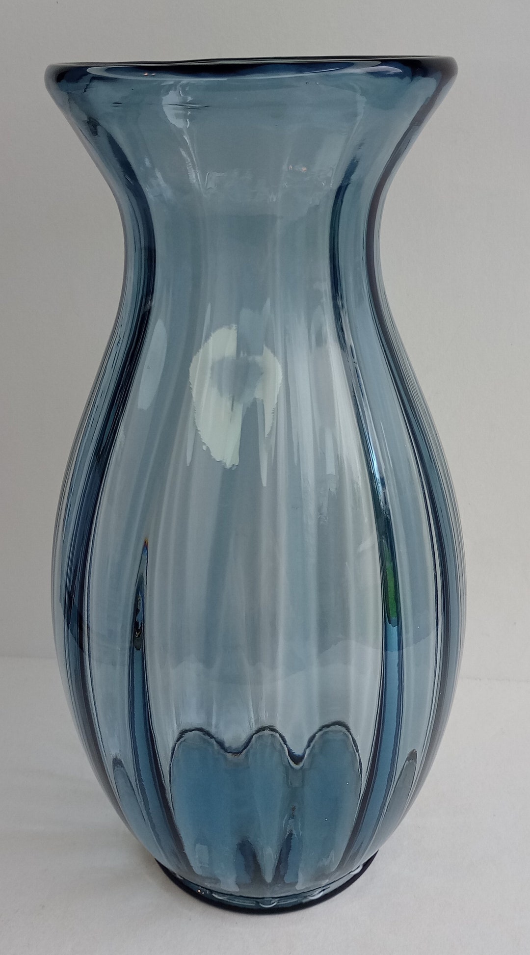 Vintage Large Blue Glass Vase Ribbed 10.5in - Etsy