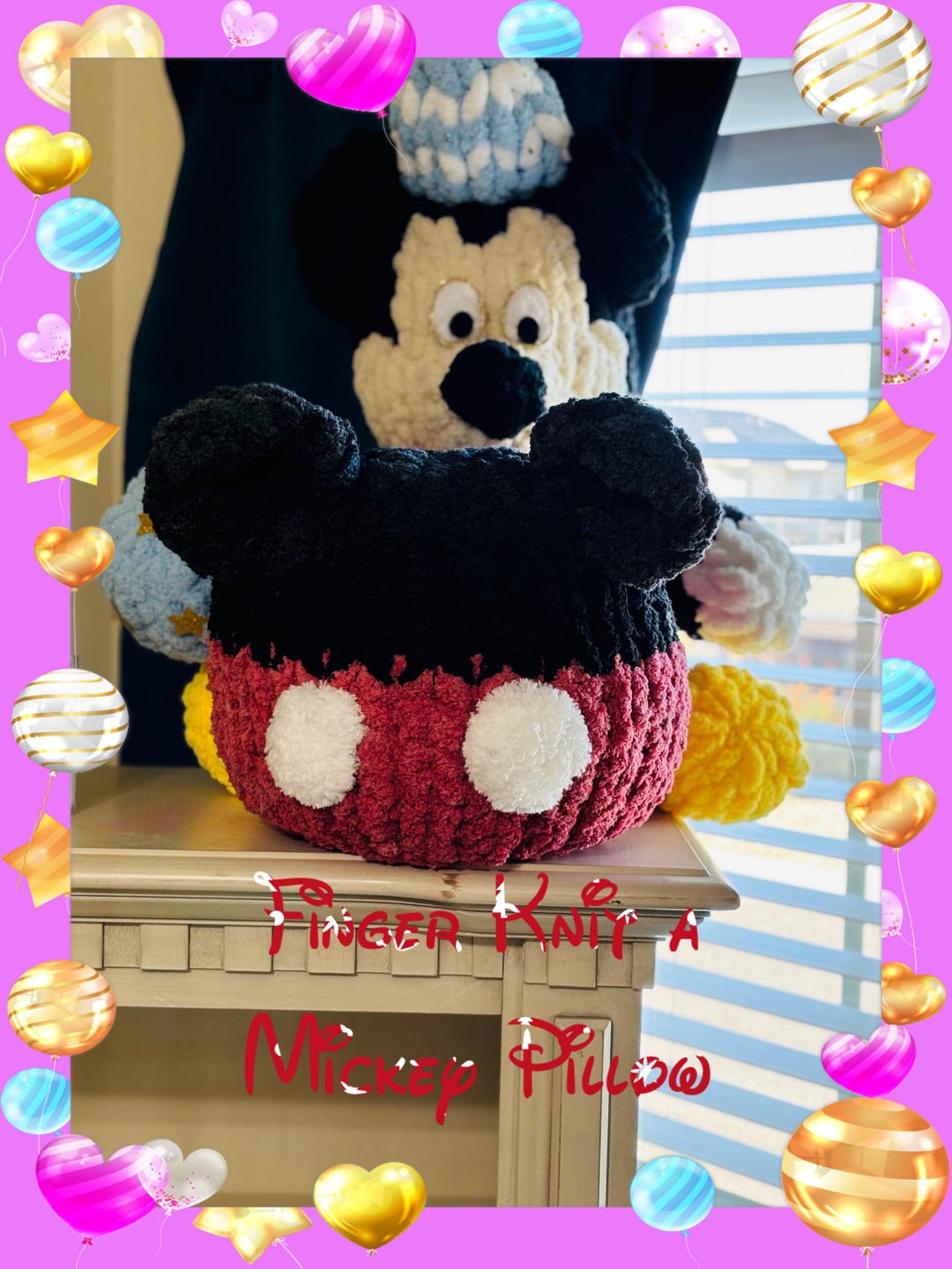 Hand Knit A Mickey Plushie Pillow Finger Knit Mickey Pillow Chunky