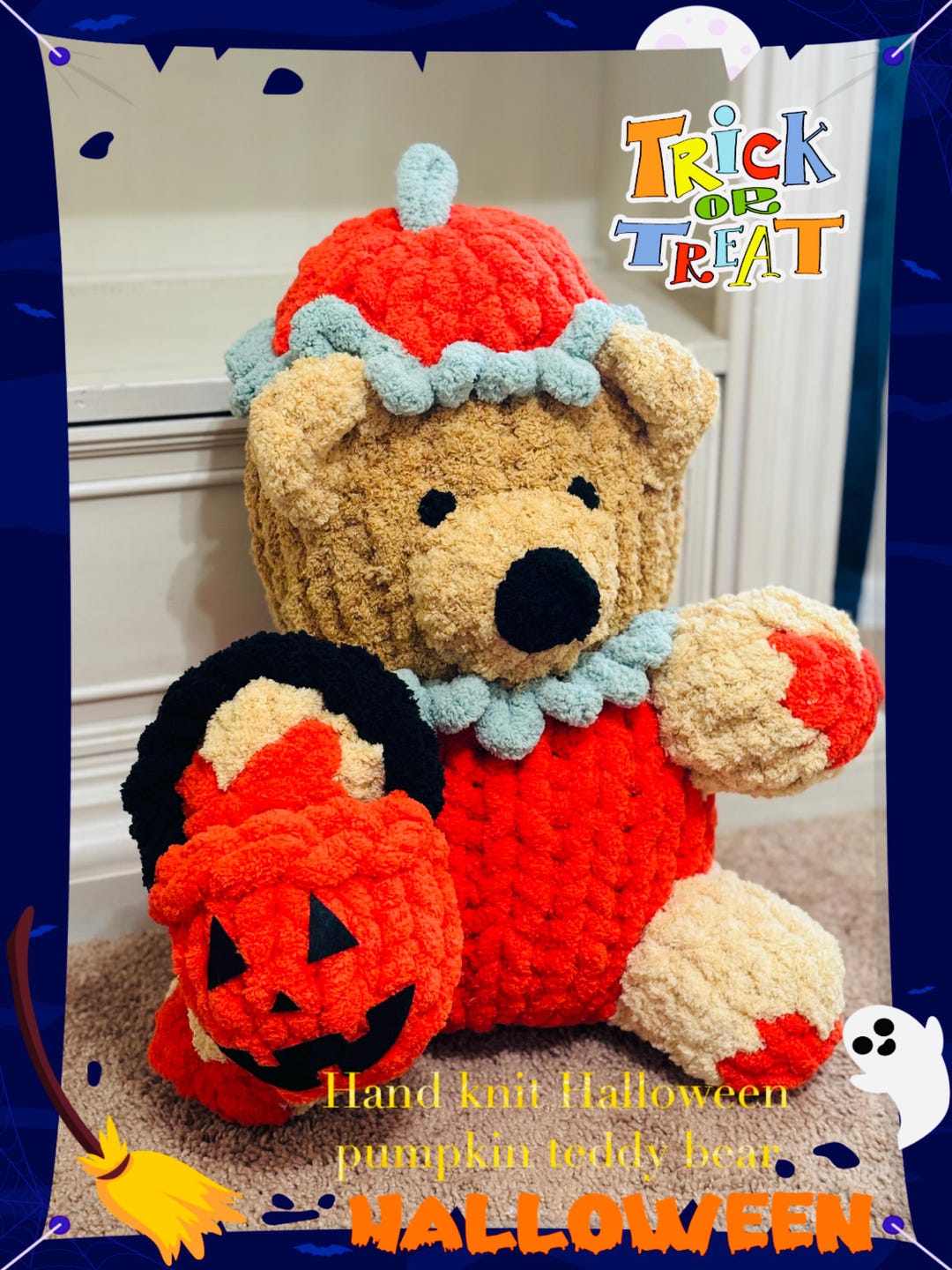 Hand Knit a Pumpkin Teddy Bear | Halloween Teddy Bear | Pumpkin Custom ...