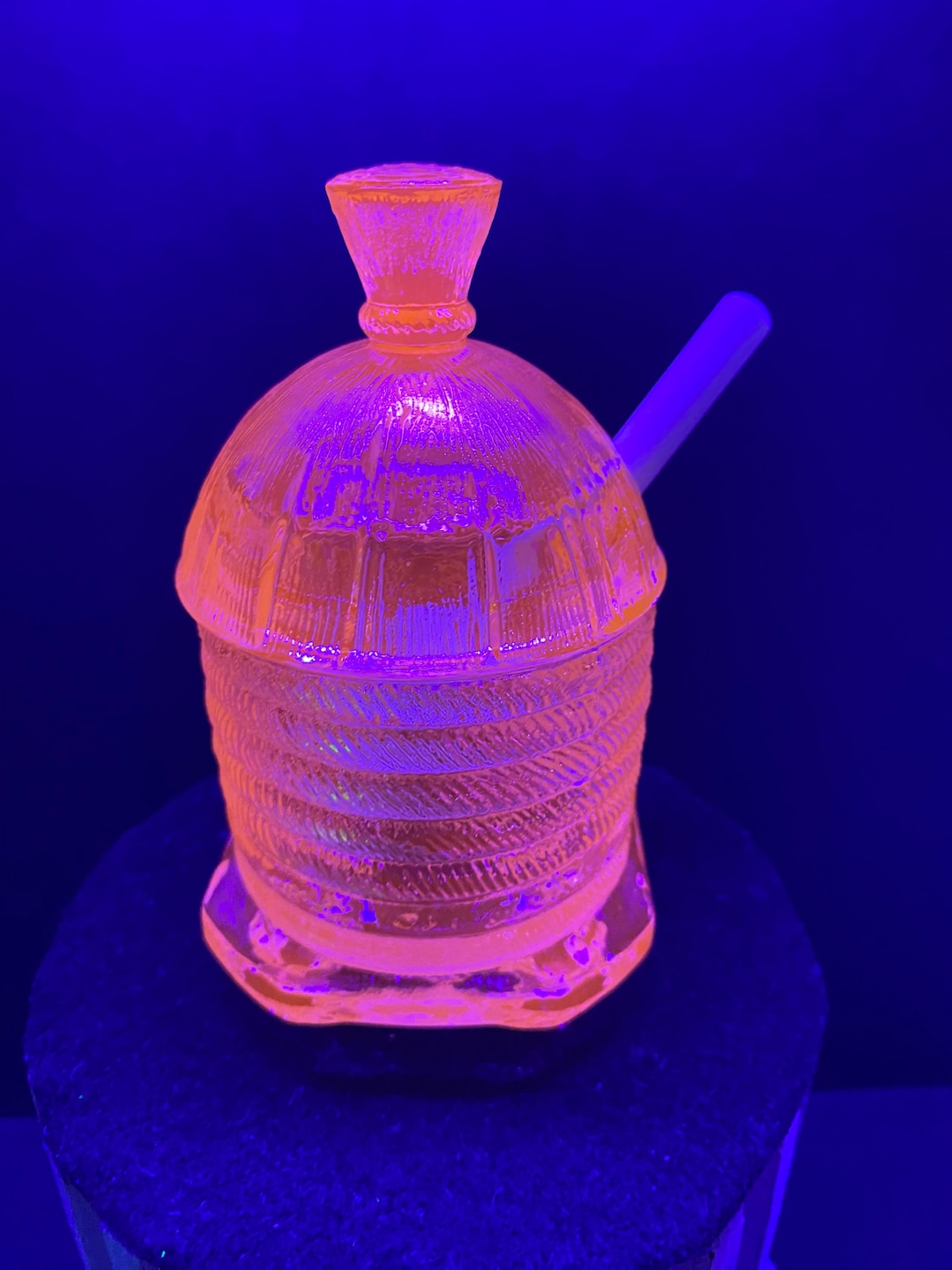 Blue Selenium Glass Honey Pot Bright Pink Glow - Etsy