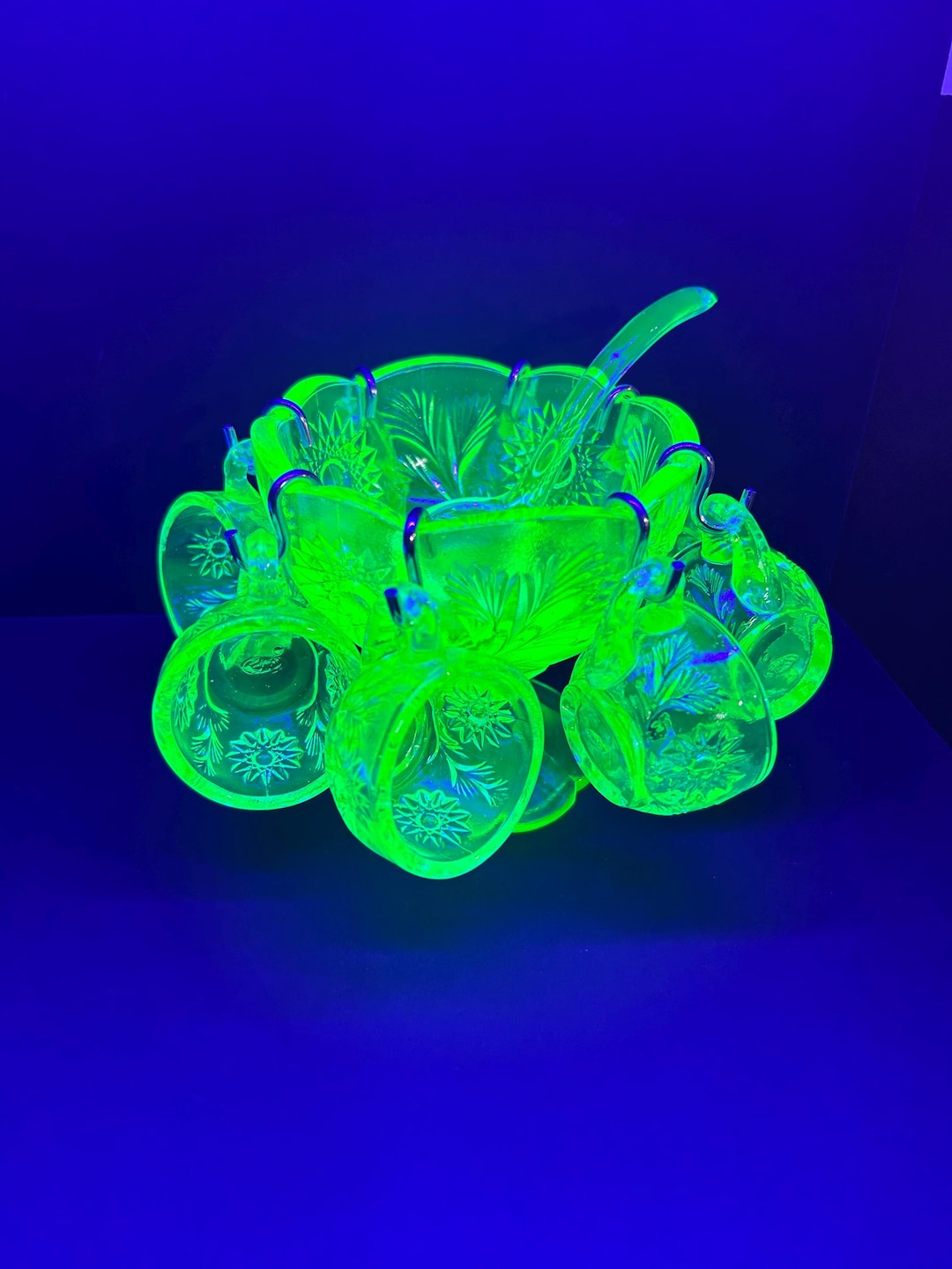 DELUXE Uranium Glass Vaseline Mini Punch Bowl Set Nice Glow PERFECT ...