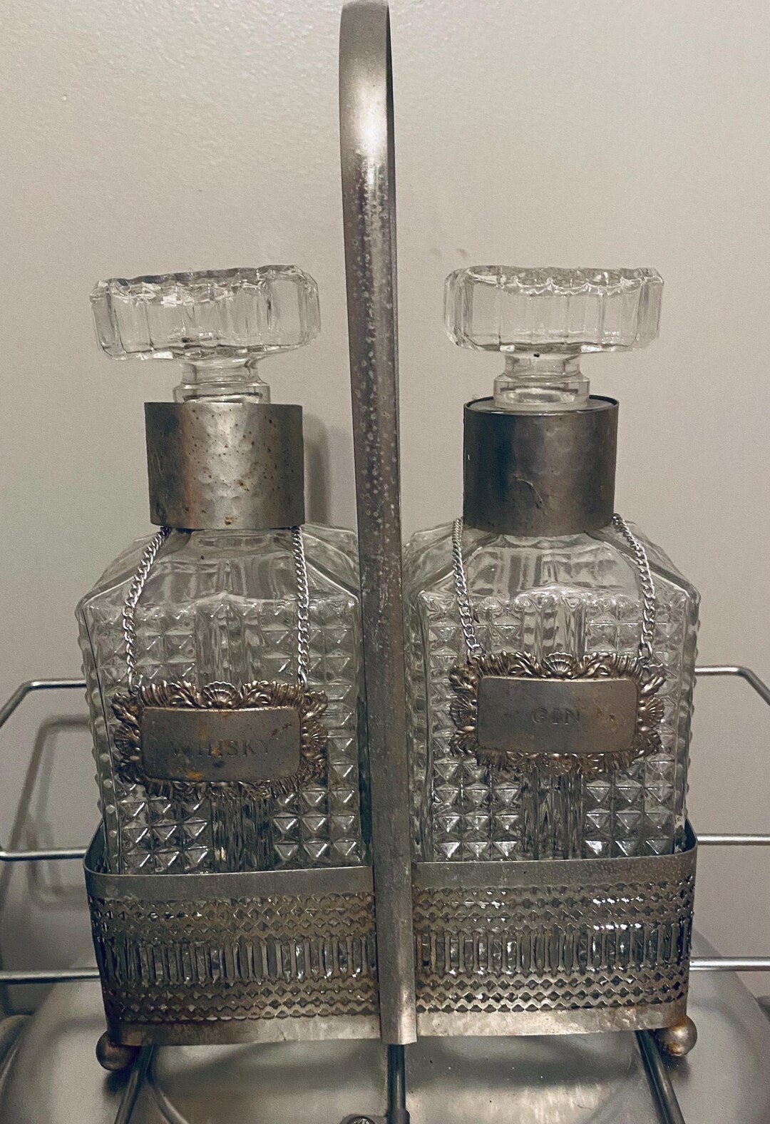 Vintage Whiskey & Gin Cut Glass Decanter Set With Metal Basket - Etsy