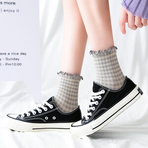 Ruffle Check Crew Socks Frilly Cotton Ankle Socks Lettuce Edge Socks ...