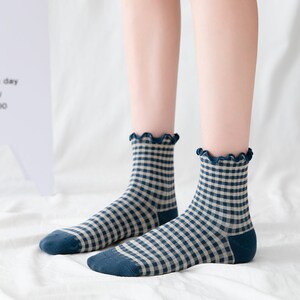 Ruffle Check Crew Socks Frilly Cotton Ankle Socks Lettuce Edge Socks ...