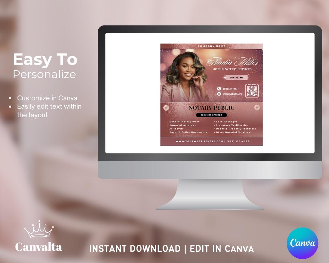 Rose Gold Notary Services Flyer Template: Modern Blue Design (DIY Canva ...