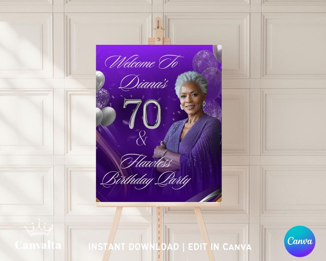 Editable Purple 70th Birthday Sign: Silver & Gold Decor (digital ...