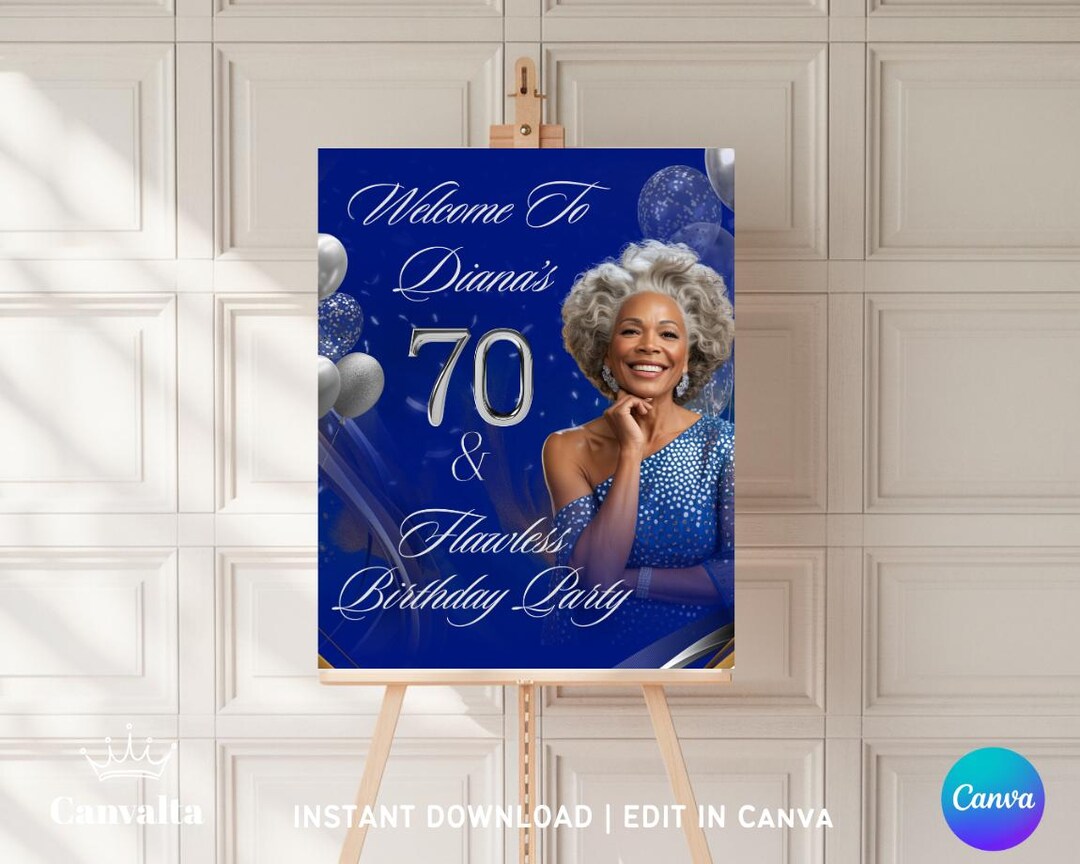 Editable 70th Birthday Sign Template | Silver & Blue Party Decoration ...