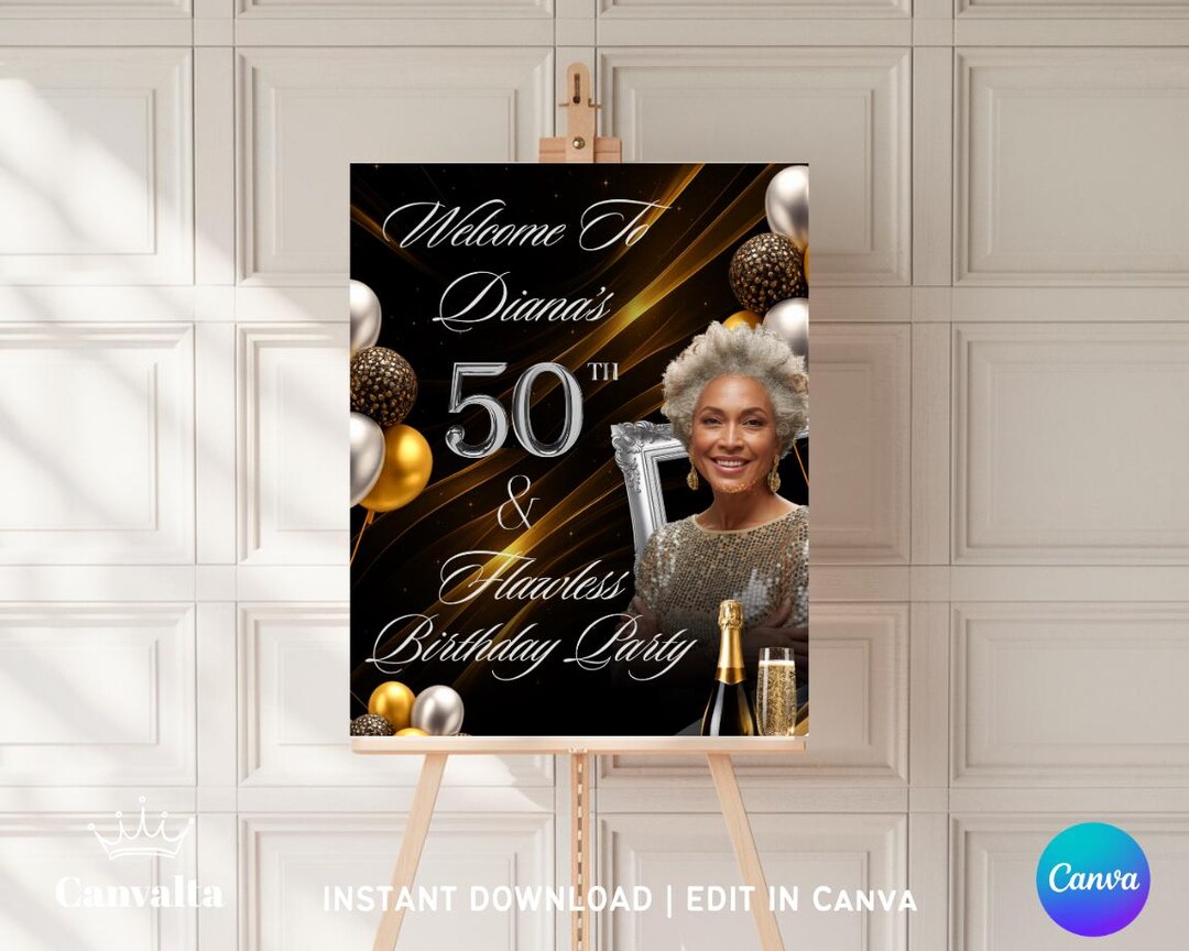 Editable 50th Birthday Sign Template | Black & Gold Party Decoration ...