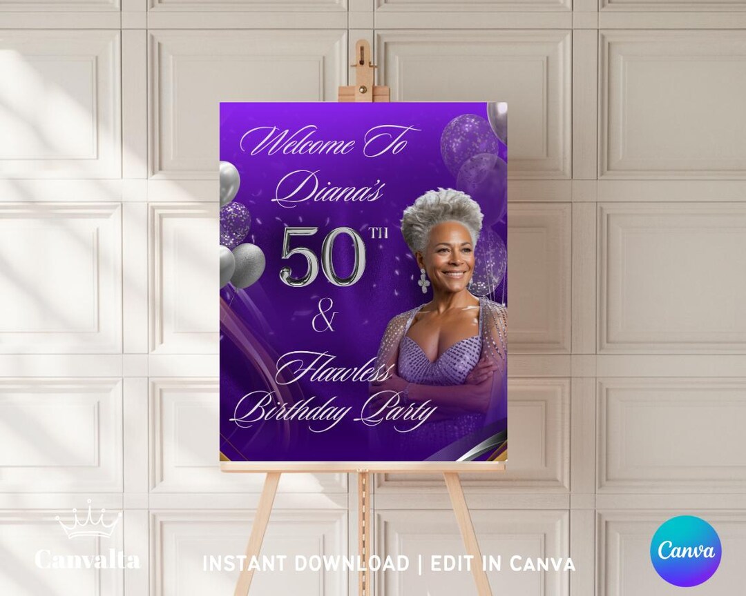 Editable Purple 50th Birthday Sign: Silver & Gold Decor (digital ...